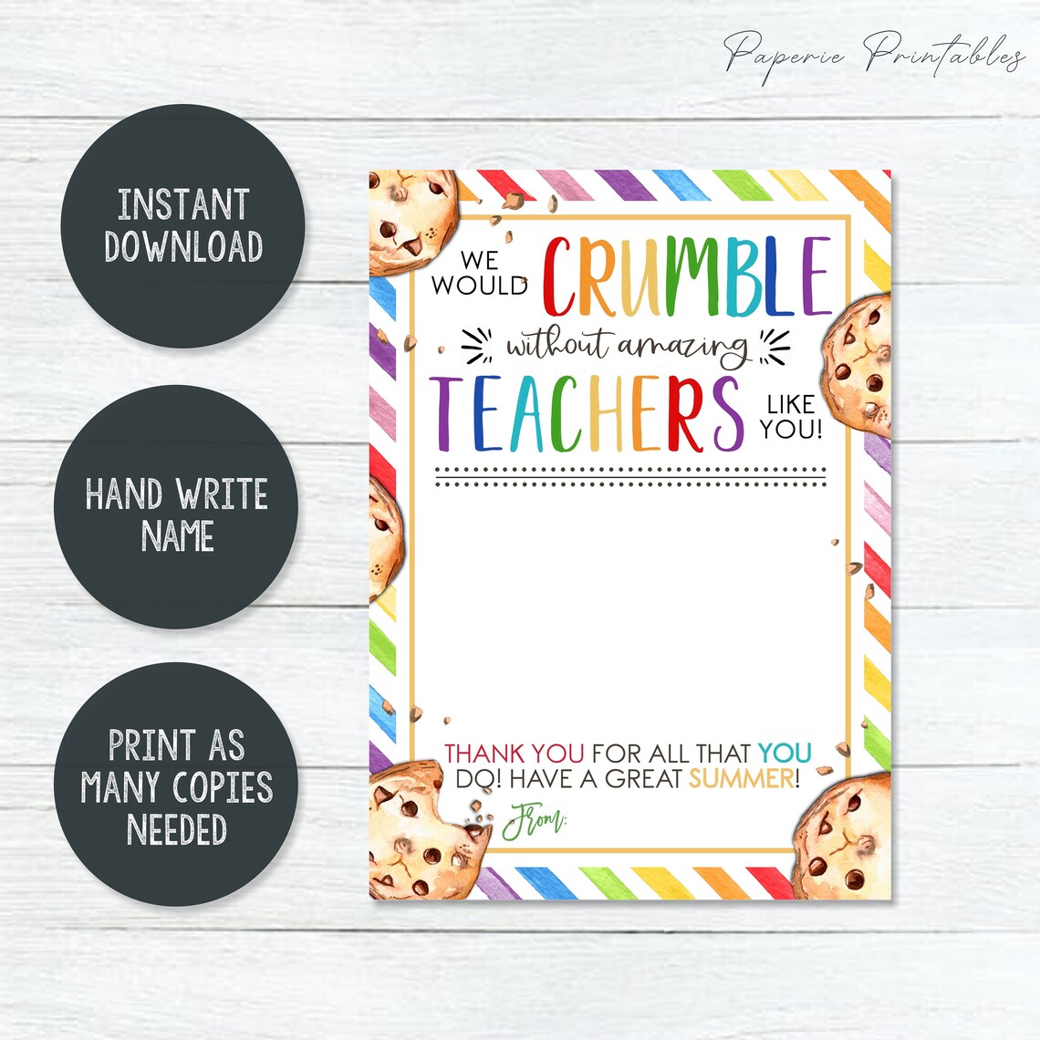 EDITABLE Teacher End of School Gift Card Holder, Cookie Crumble Teacher ...