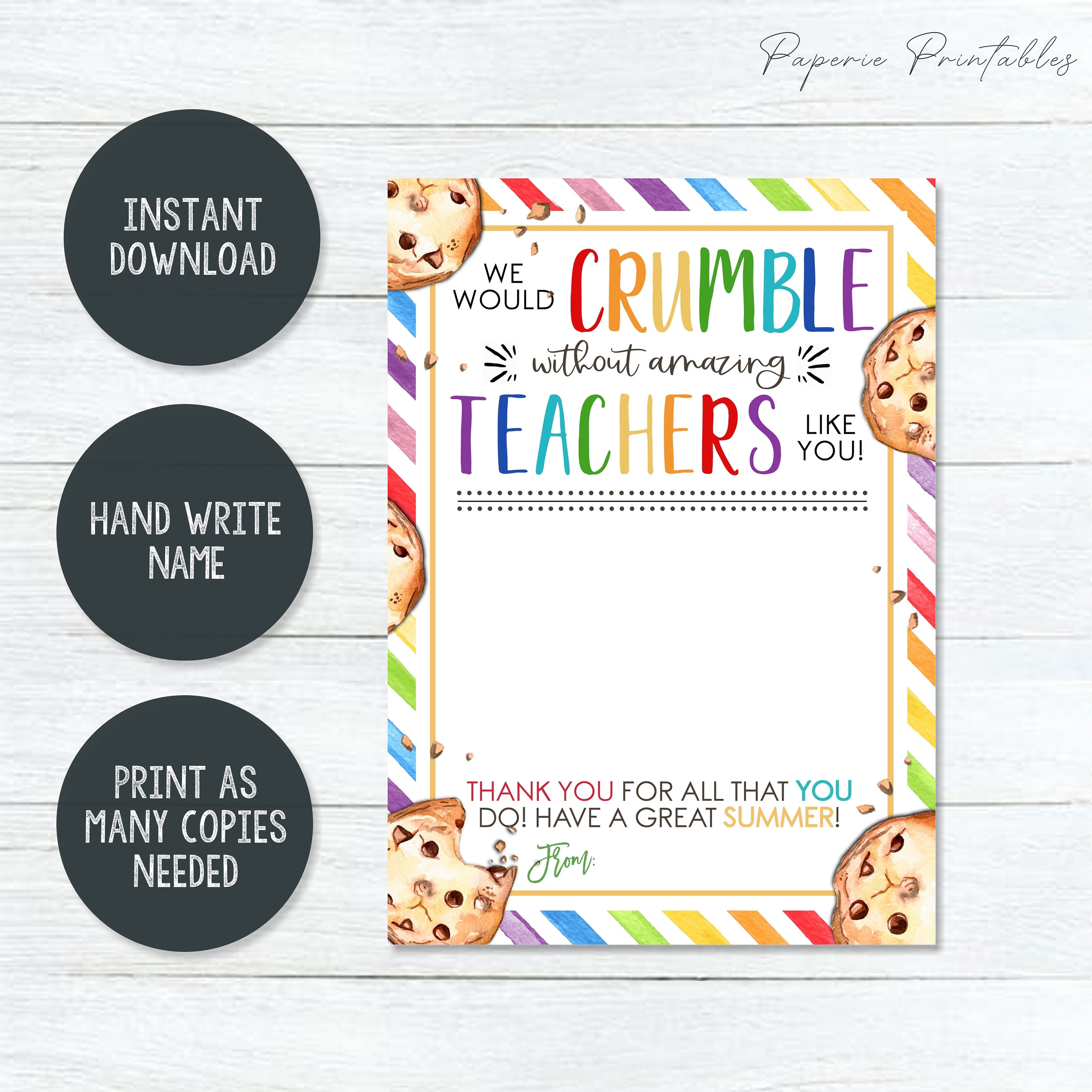 EDITABLE Teacher End of School Gift Card Holder, Cookie Crumble Teacher ...