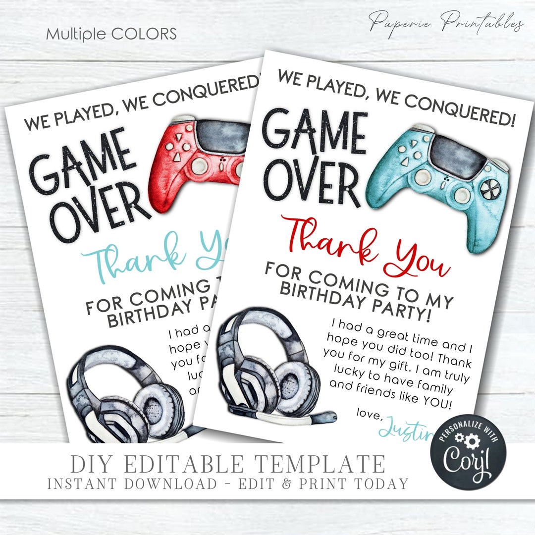EDITABLE Gaming Birthday Thank You Card, Video Game Birthday Thank You ...