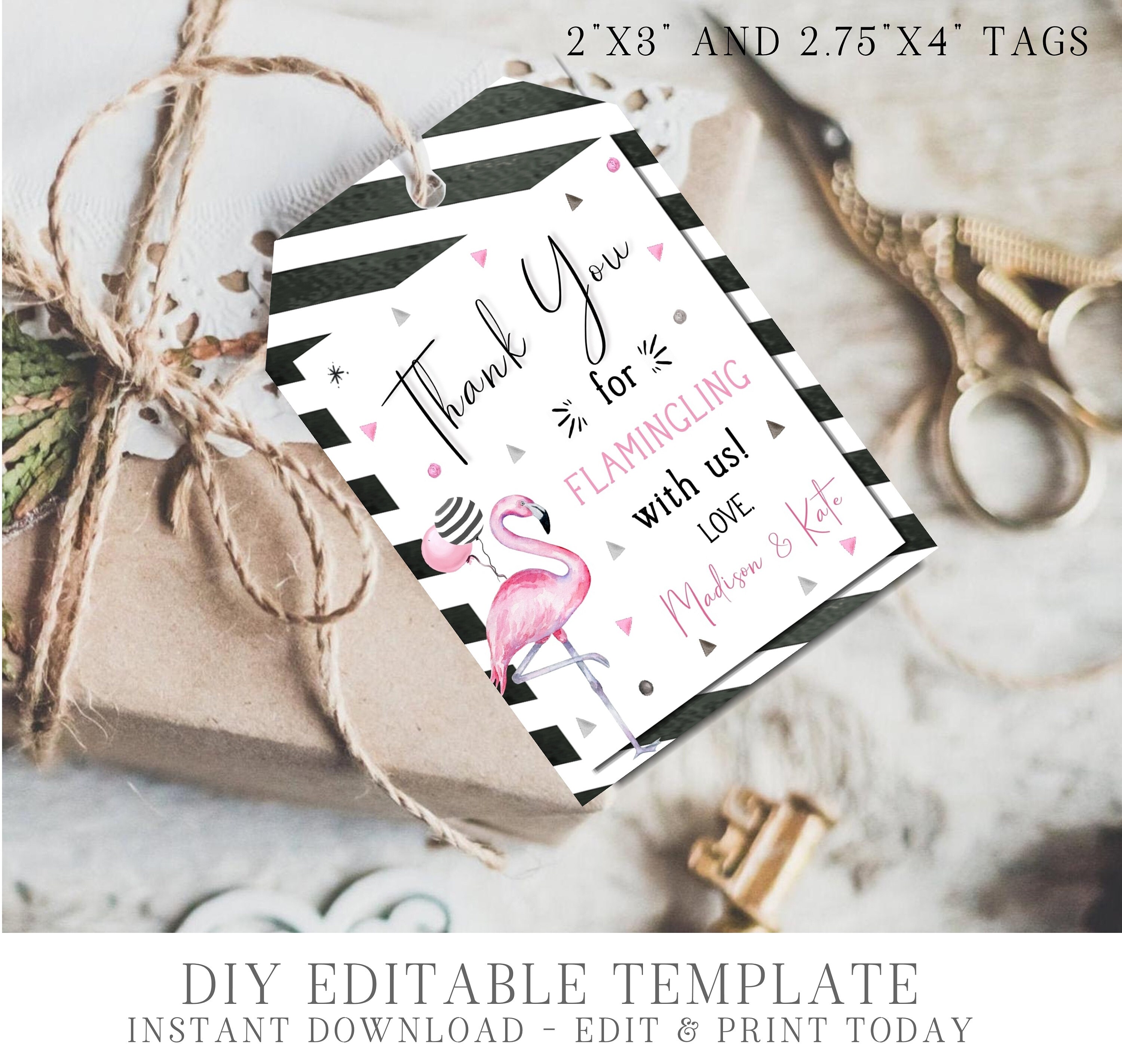 EDITABLE Flamingo Birthday Party Favor Tags Let's | Etsy