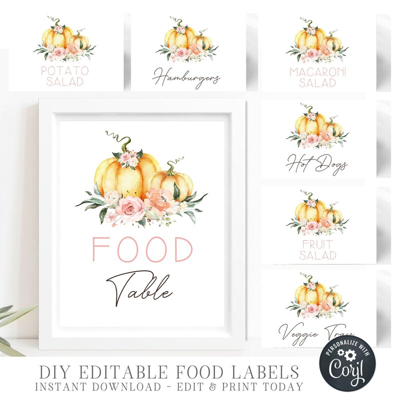 Editable Pumpkin Food Label Tent Cards: Girl Party Decor (digital ...
