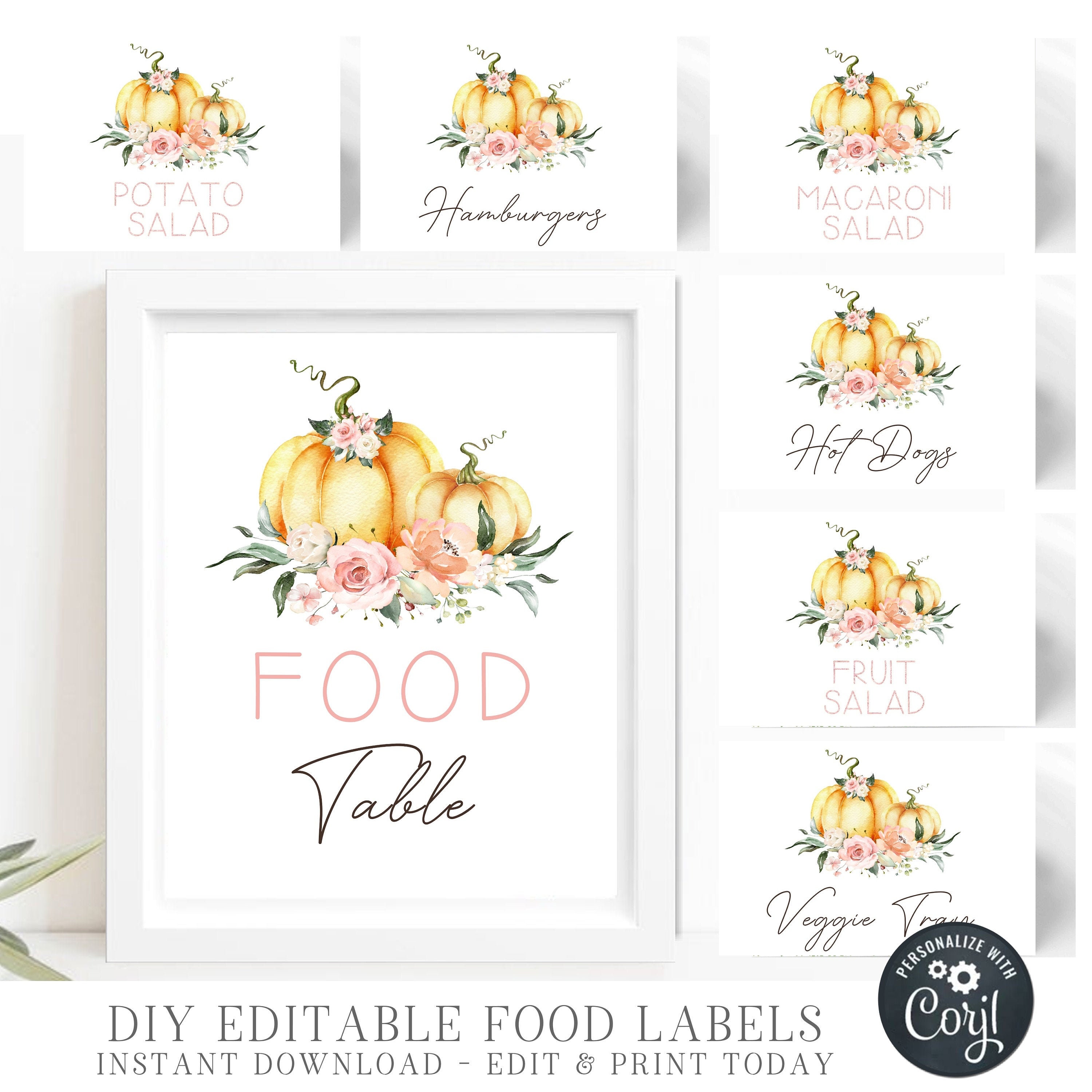 Editable Pumpkin Food Label Tent Cards: Girl Party Decor (digital ...