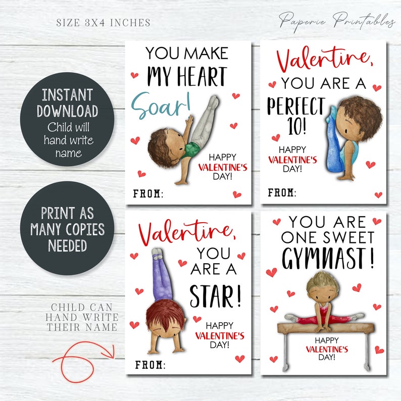 Gymnastics Valentine Card for Kids, Kids Valentine Cards, Gymnast ...