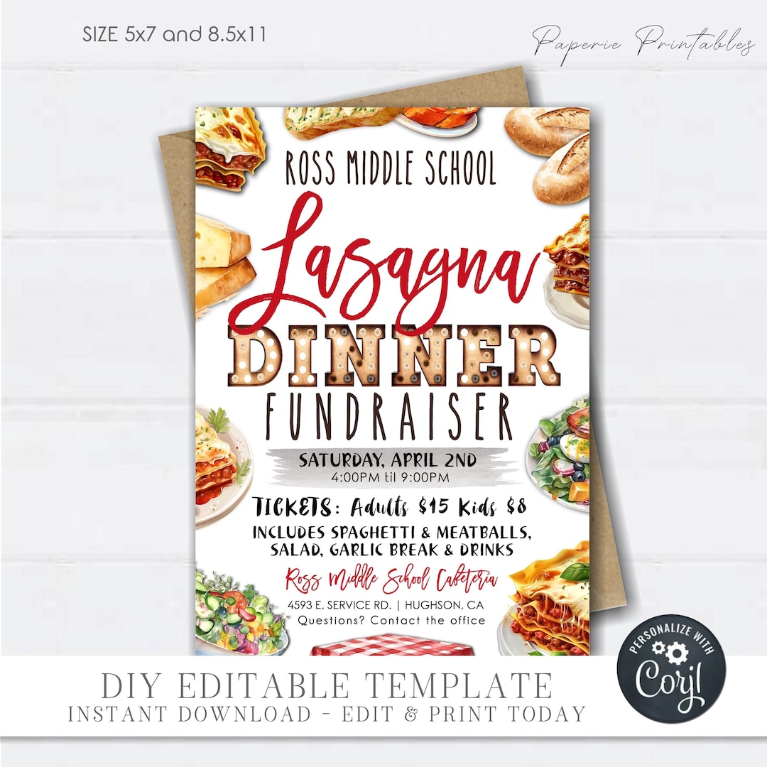 EDITABLE Lasagna Charity Event Flyer, Lasagna Dinner Flyer, Lasagna ...