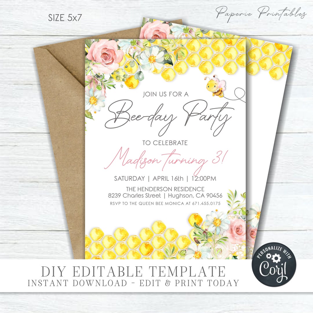 EDITABLE Bee-day Party Birthday Invitation, Bee-day Birthday Invitation ...
