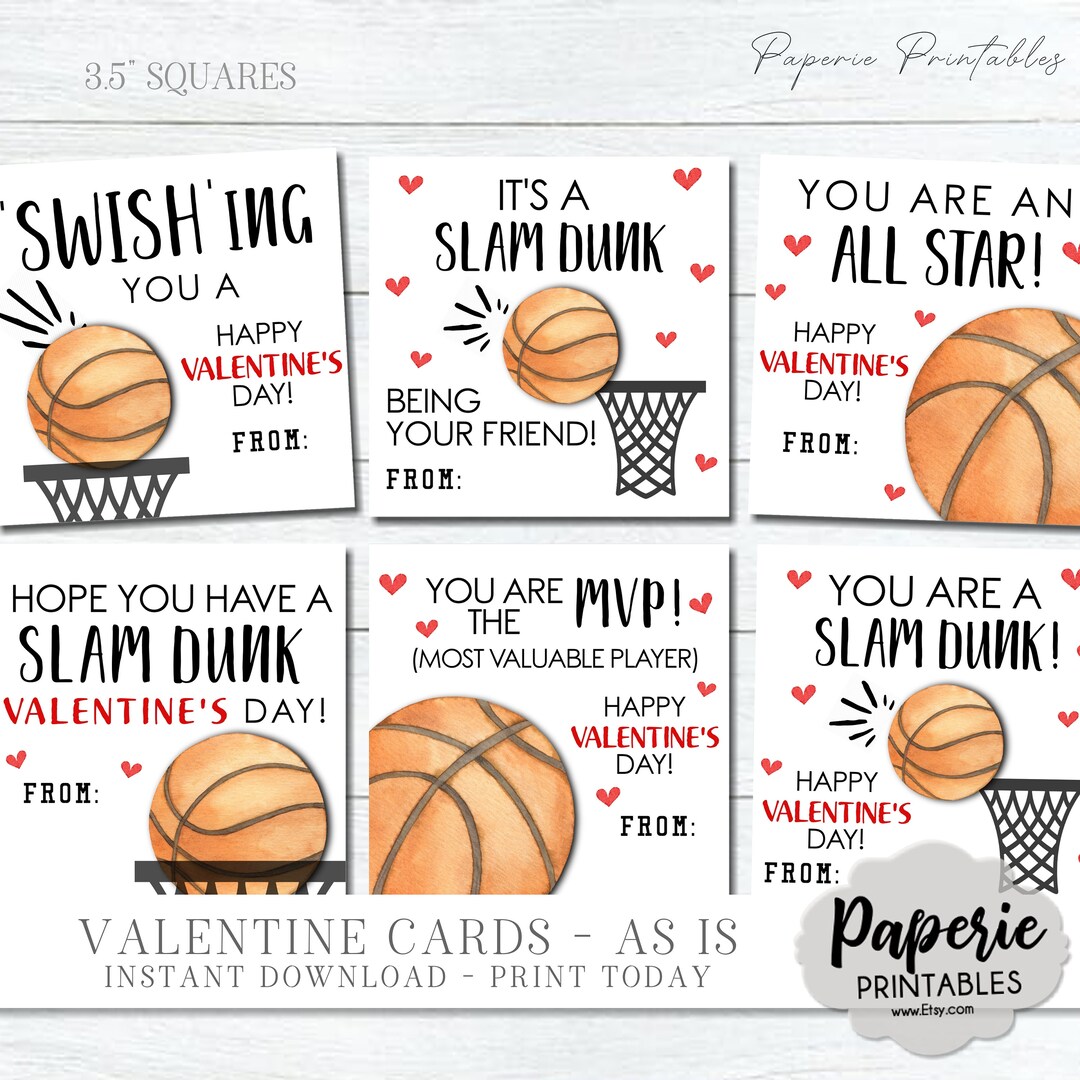 Basketball Valentine Tags, Kids Valentine Cards, Basketball Valentine ...