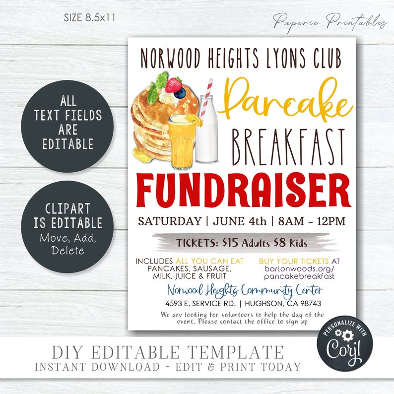 EDITABLE Pancake Breakfast Invitation Pancake Breakfast Flyer - Etsy