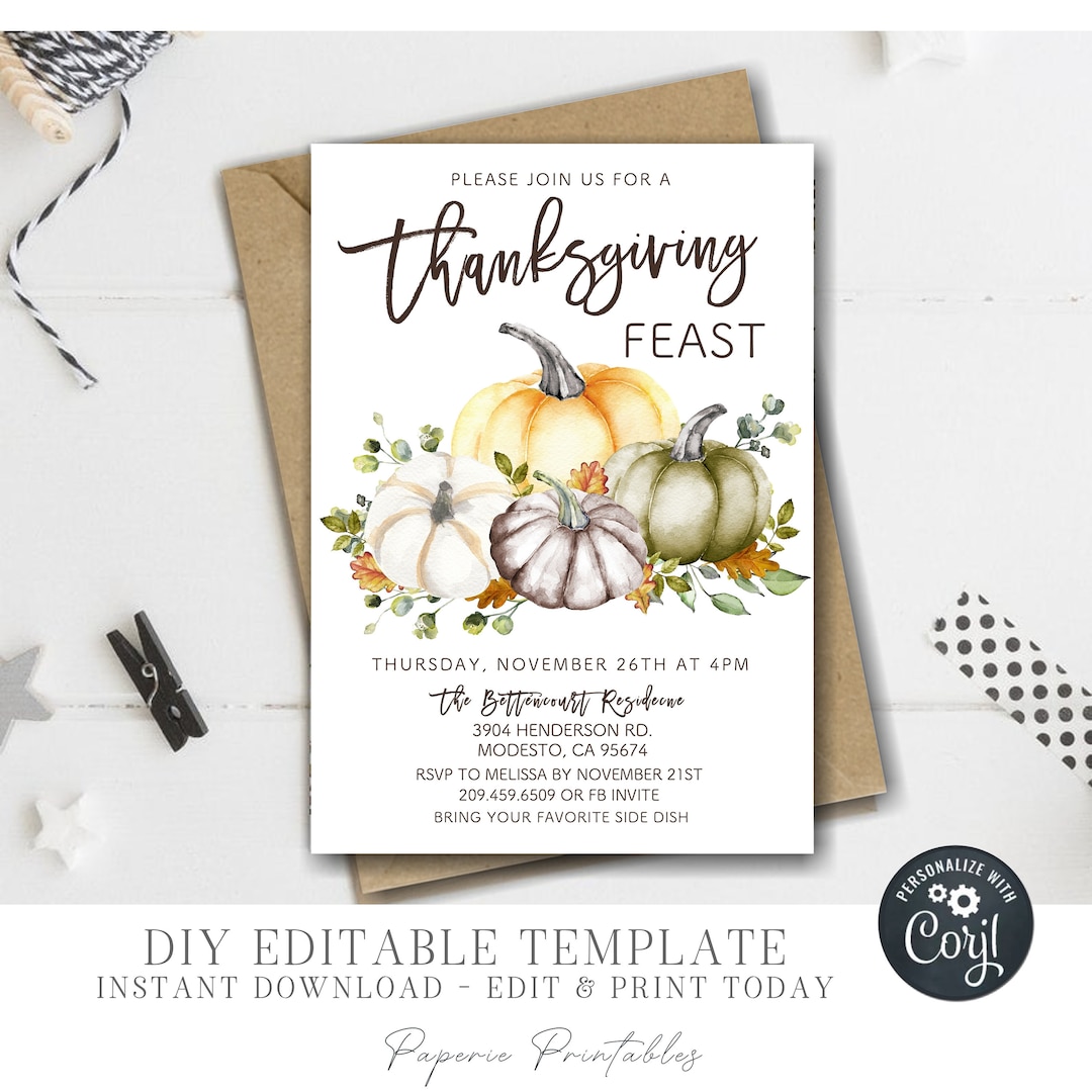 Editable Thanksgiving Feast Invitation: Modern Dinner Party Template ...