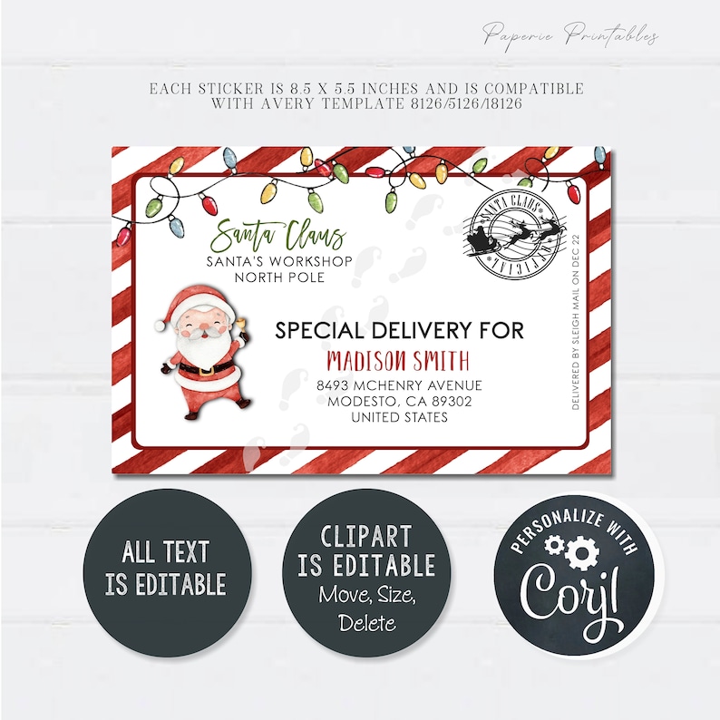 EDITABLE Santa Mailing Label Elf Mail Gift Sticker Label Elf - Etsy