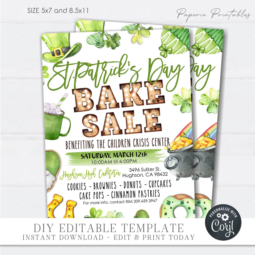 EDITABLE St. Patrick's Day Bake Sale Flyer, St. Patrick's Day Flyer ...