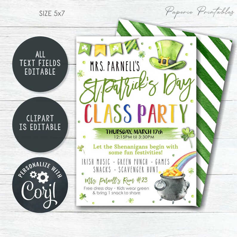 Editable St. Patrick's Day Class Party Invitation (5x7) (DIY Corjl ...