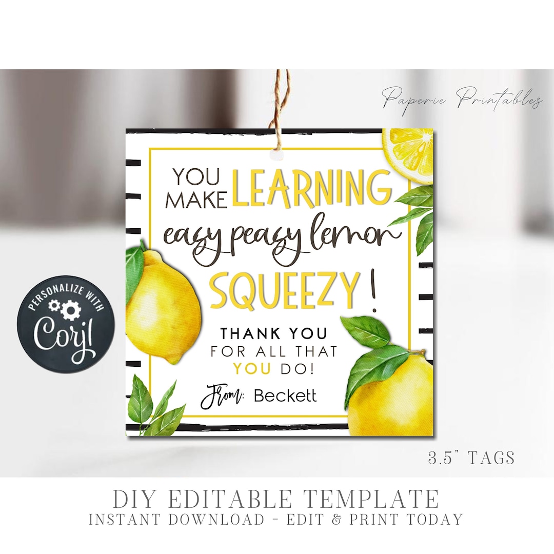 Lemon Teacher Appreciation Gift Tag: Editable Thank You (digital ...