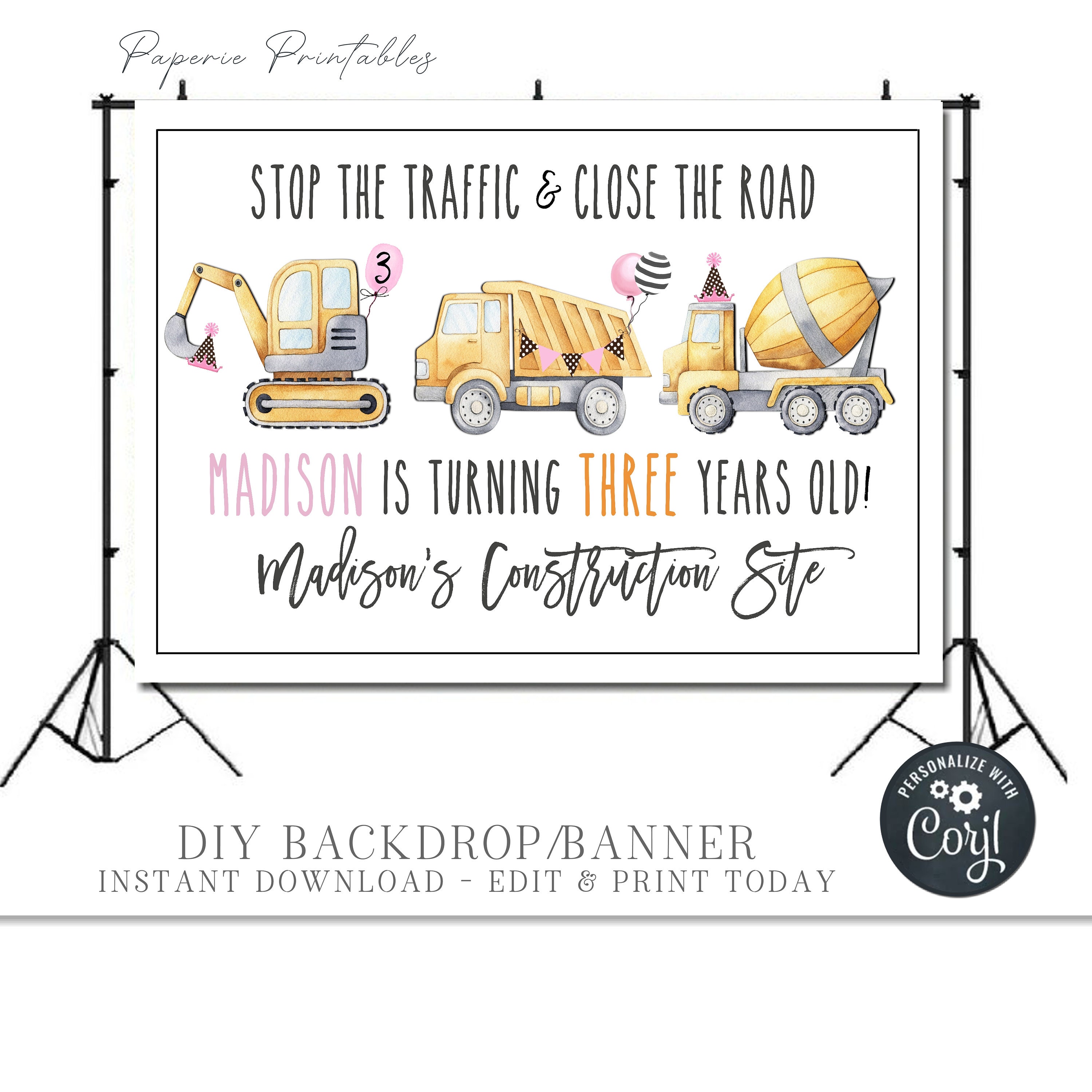 EDITABLE Girl Construction Birthday Backdrop Construction - Etsy