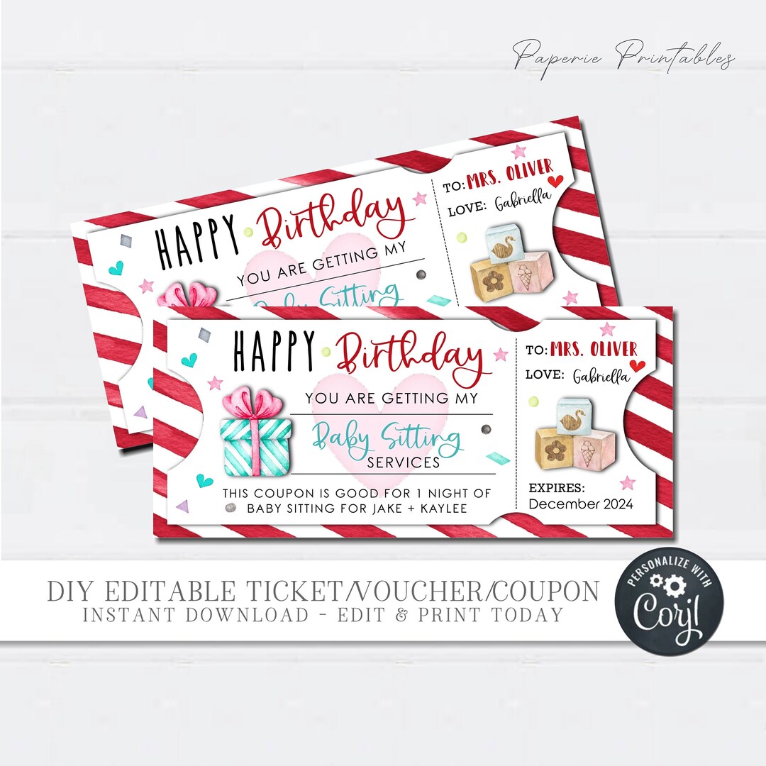 EDITABLE Baby Sitting Gift Voucher, Birthday Gift Coupon, Baby Sitting ...