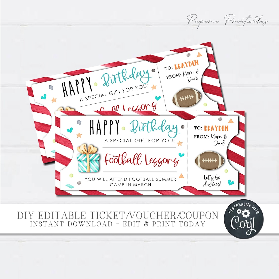 Editable Football Lessons Birthday Coupon Ticket (digital Download) - Etsy