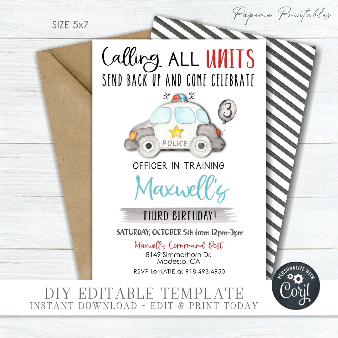 Editable Police Birthday Invitation: Siblings Party Template (DIY Corjl ...
