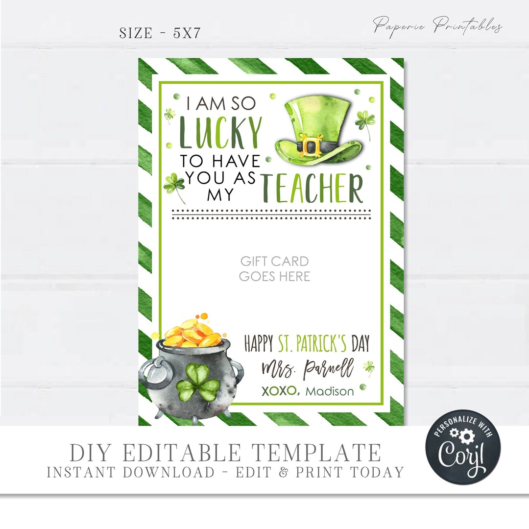 EDITABLE St. Patrick's Day Teacher Gift Card Holder, TEACHER St ...