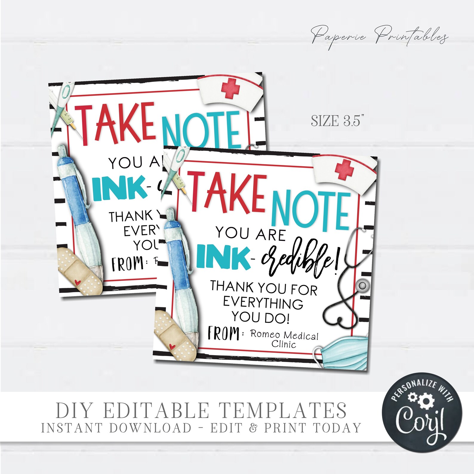 Editable Nurse Appreciation Gift Tag: Ink-credible Thank You (DIY Corjl ...