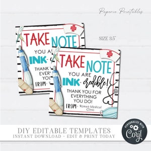Editable Nurse Appreciation Gift Tag: Ink-credible Thank You (DIY Corjl ...