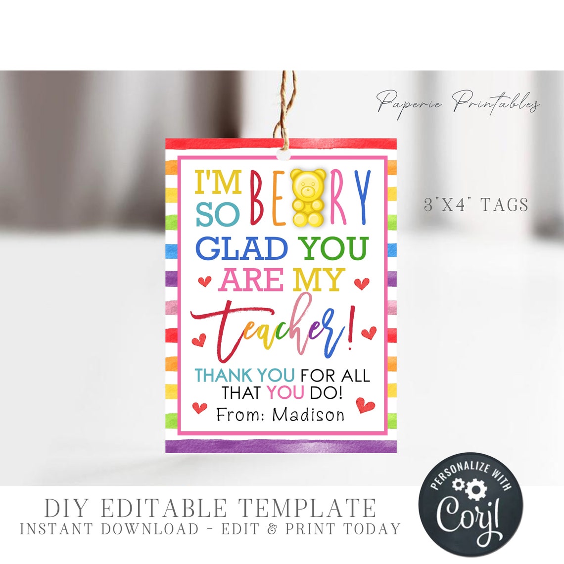 Editable Gummy Bear Teacher Appreciation Gift Tag (digital Download) - Etsy
