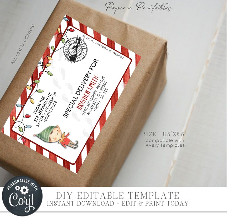 EDITABLE Santa Mailing Label Elf Mail Gift Sticker Label Elf - Etsy