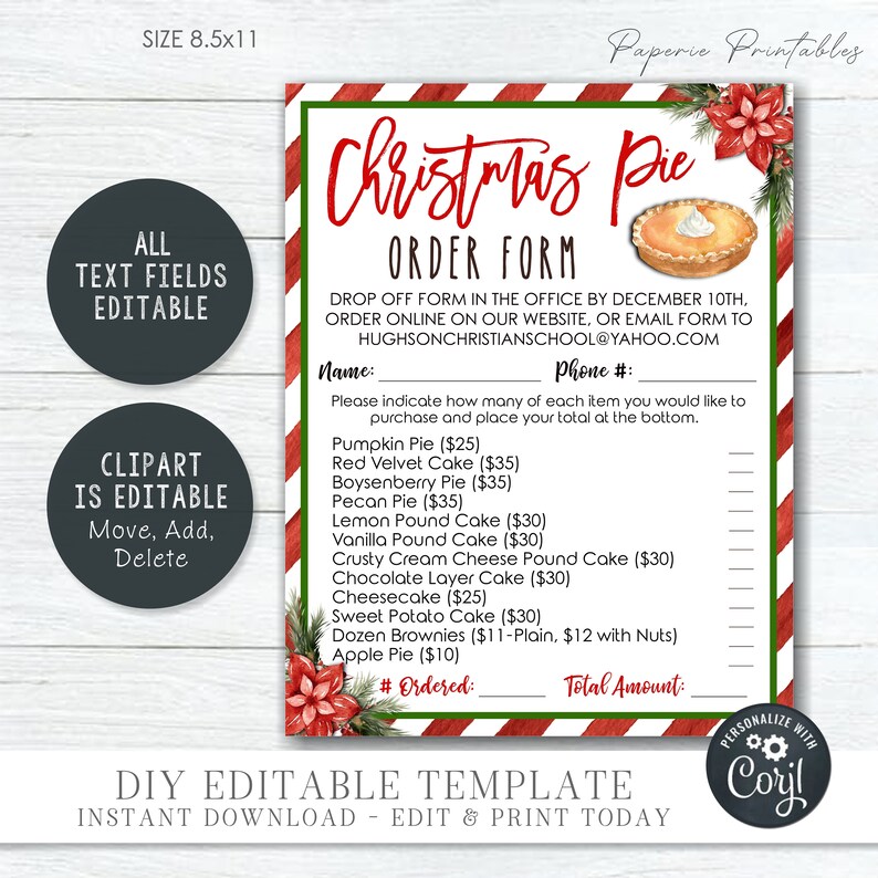 EDITABLE Christmas Bake Sale Order Form, Christmas Pie Sale Order Form ...