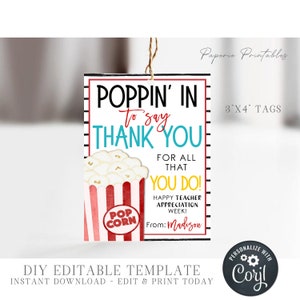 EDITABLE Popcorn Teacher Appreciation Gift Tag, Teacher Appreciation ...