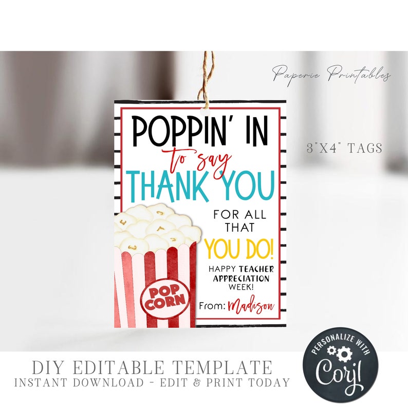 Editable Popcorn Teacher Appreciation Gift Tag (digital Download) # ...