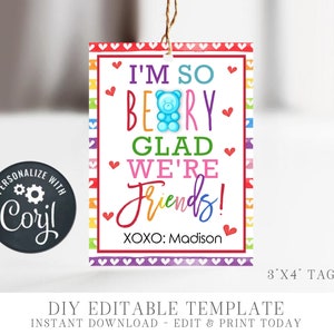 Editable Gummy Bear Valentine Tags, Kids Valentine Cards, School ...