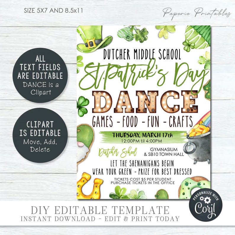 Editable St. Patrick's Day School Dance Flyer (DIY With Corjl) - Etsy
