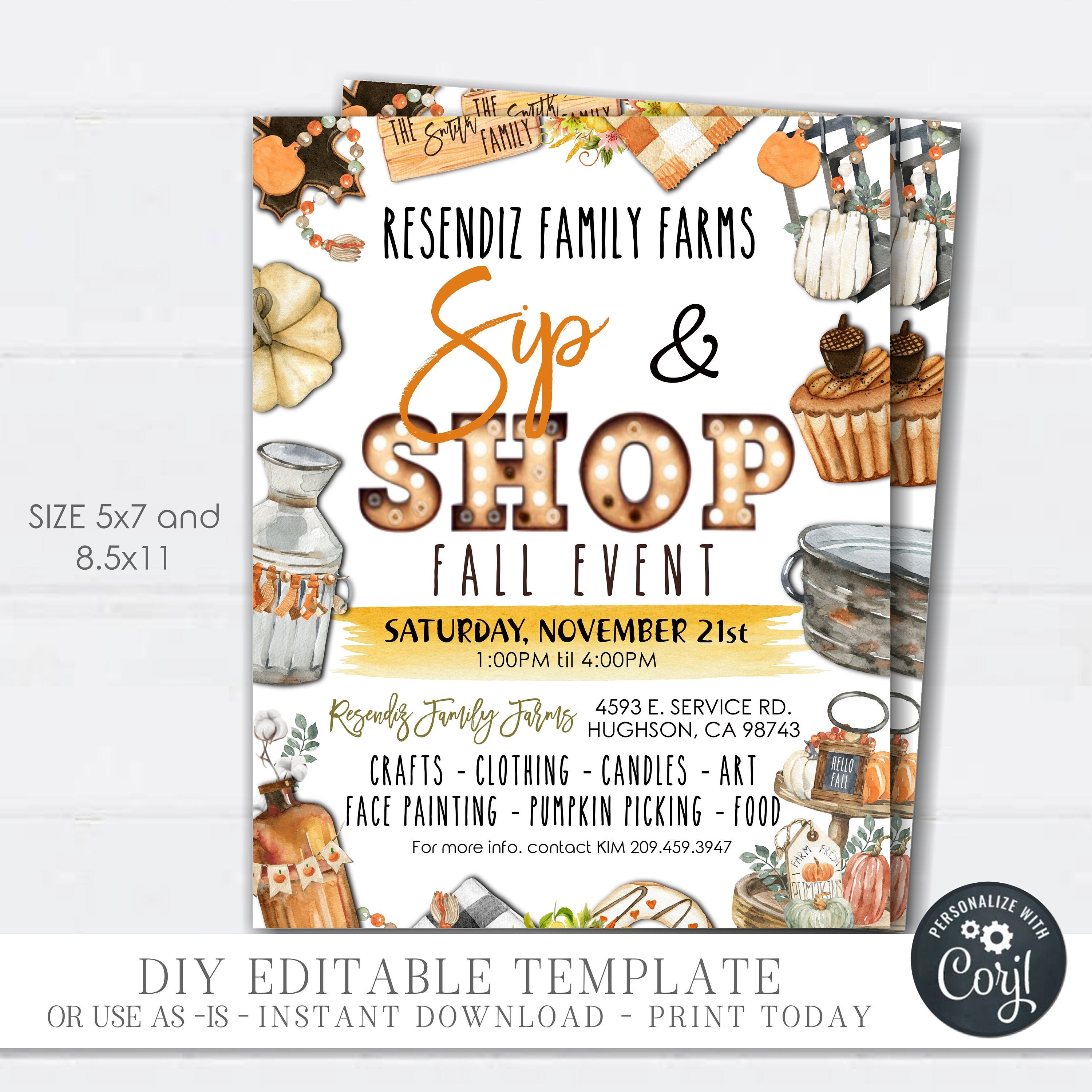 Editable Fall Sip and Shop Flyer: Boutique Market Template (DIY Corjl ...