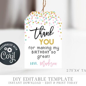 EDITABLE Confetti Birthday Favor Tag, Editable Favor Tag, Girl Birthday ...