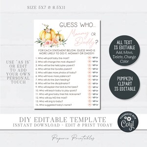 EDITABLE Guess Who Mommy or Daddy Baby Shower Game Boho Pumpkin Guess ...