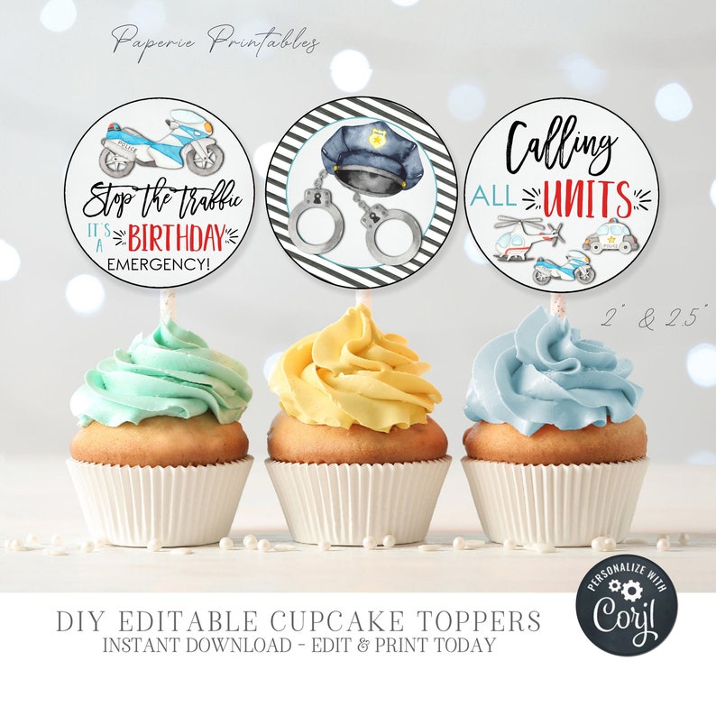 Editable Police Birthday Cupcake Toppers: DIY Party Decor (digital ...