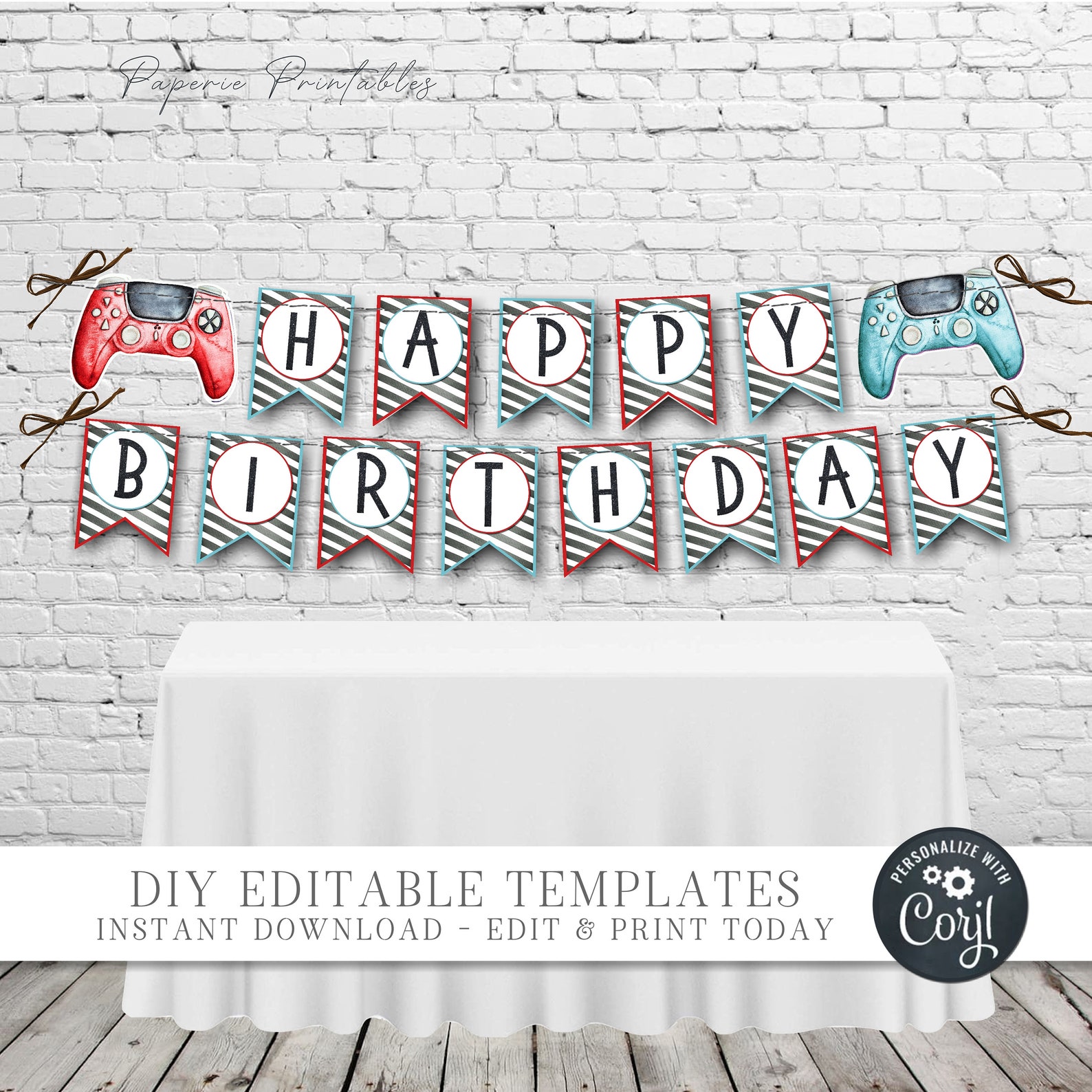 EDITABLE Happy Birthday Pennant Banner Video Game Pennant - Etsy