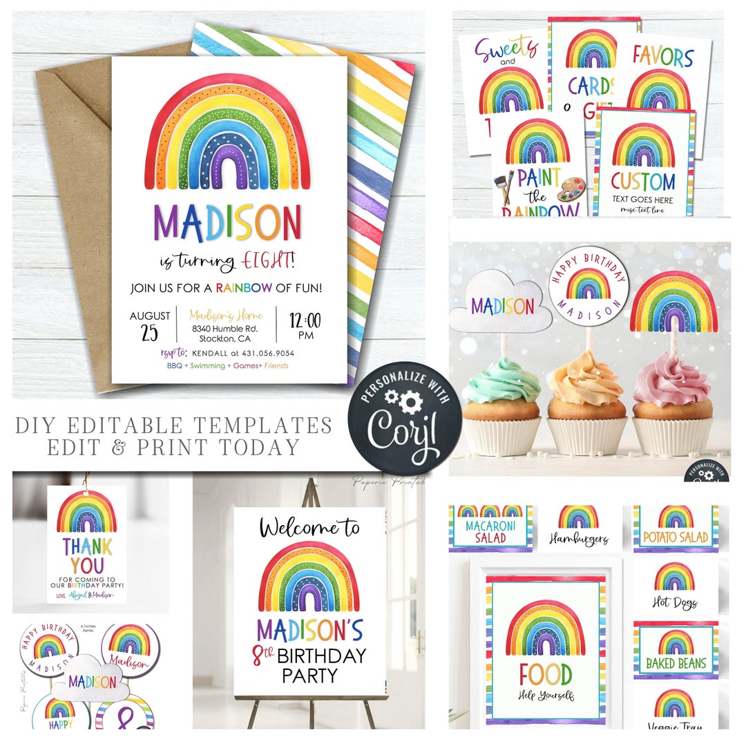 EDITABLE Rainbow Birthday Bundle, Rainbow Birthday Decorations, Rainbow ...