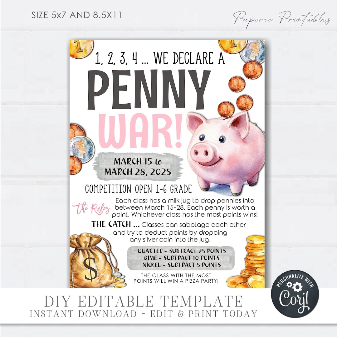 Editable Penny War Fundraising Flyer: School Event Template (DIY Corjl ...