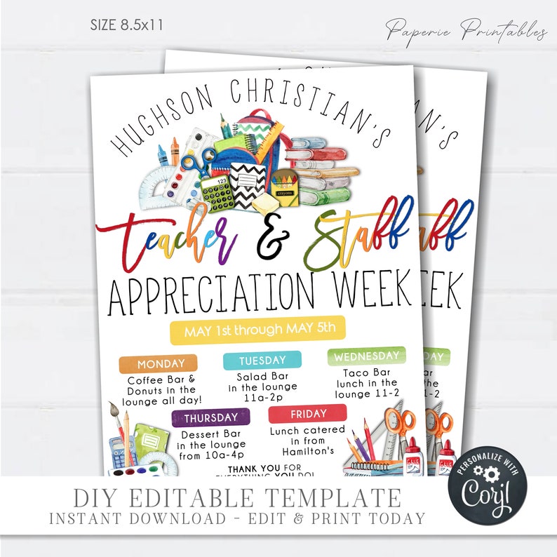 Editable Teacher Appreciation Week Flyer: School Staff Events (DIY ...