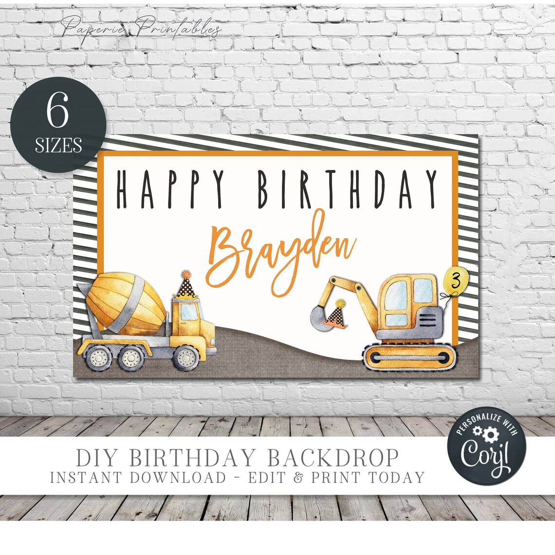 EDITABLE Construction Birthday Backdrop Construction - Etsy
