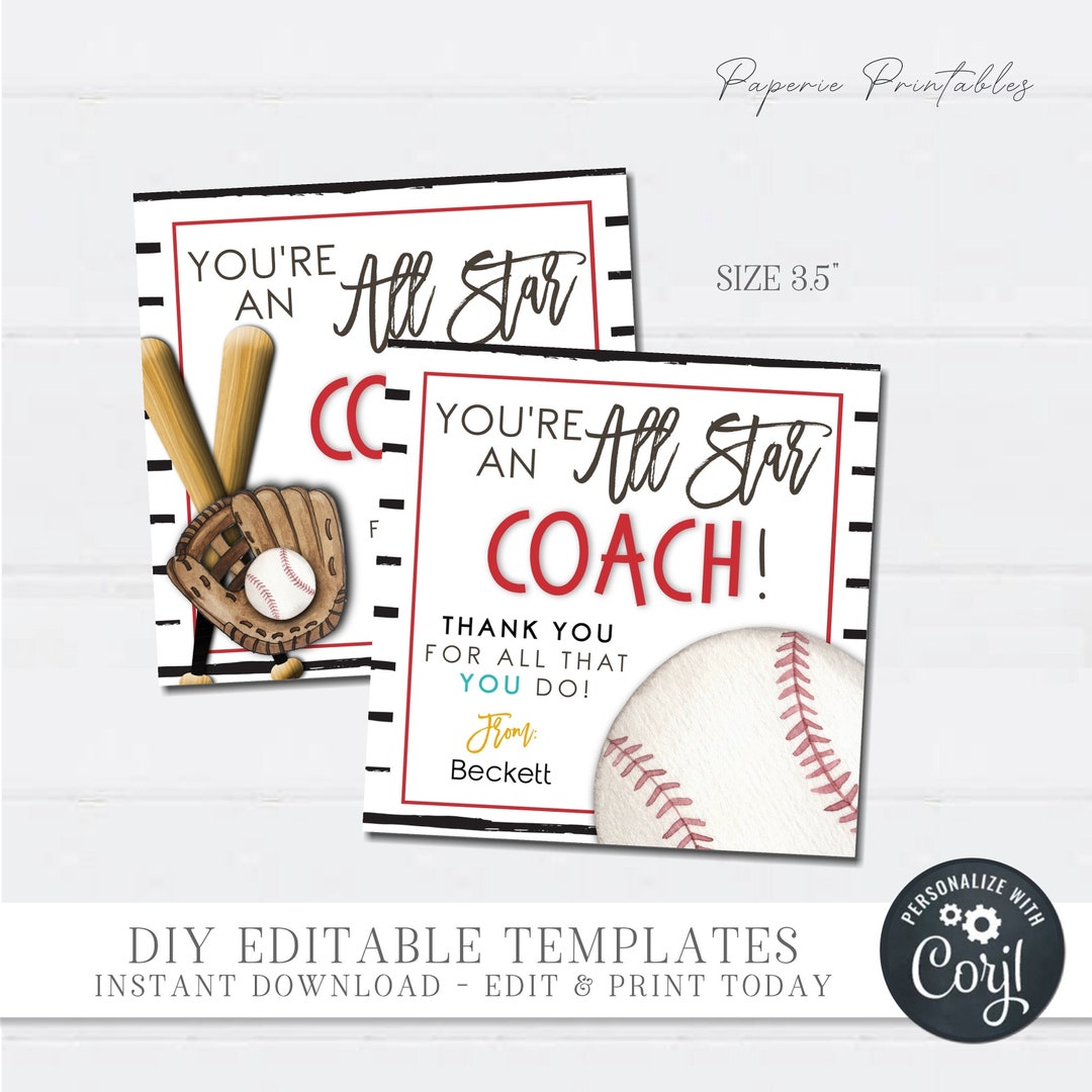 EDITABLE Coach Appreciation Gift Tag, Baseball Coach Appreciation Tag ...