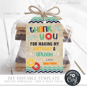 Editable Pool Party Birthday Party Favor Tags, Pool Party Favor Tags ...