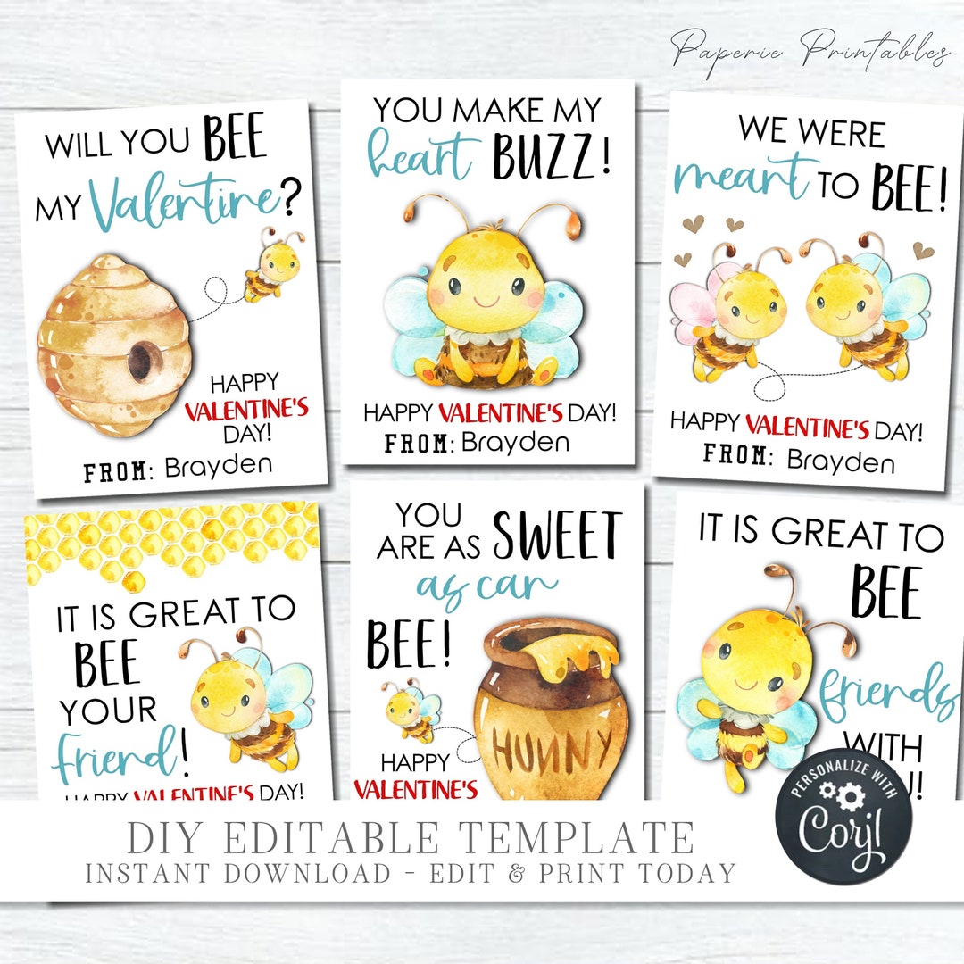 EDITABLE Bee Valentine Cards, Honey Bee Valentine Cards, School ...