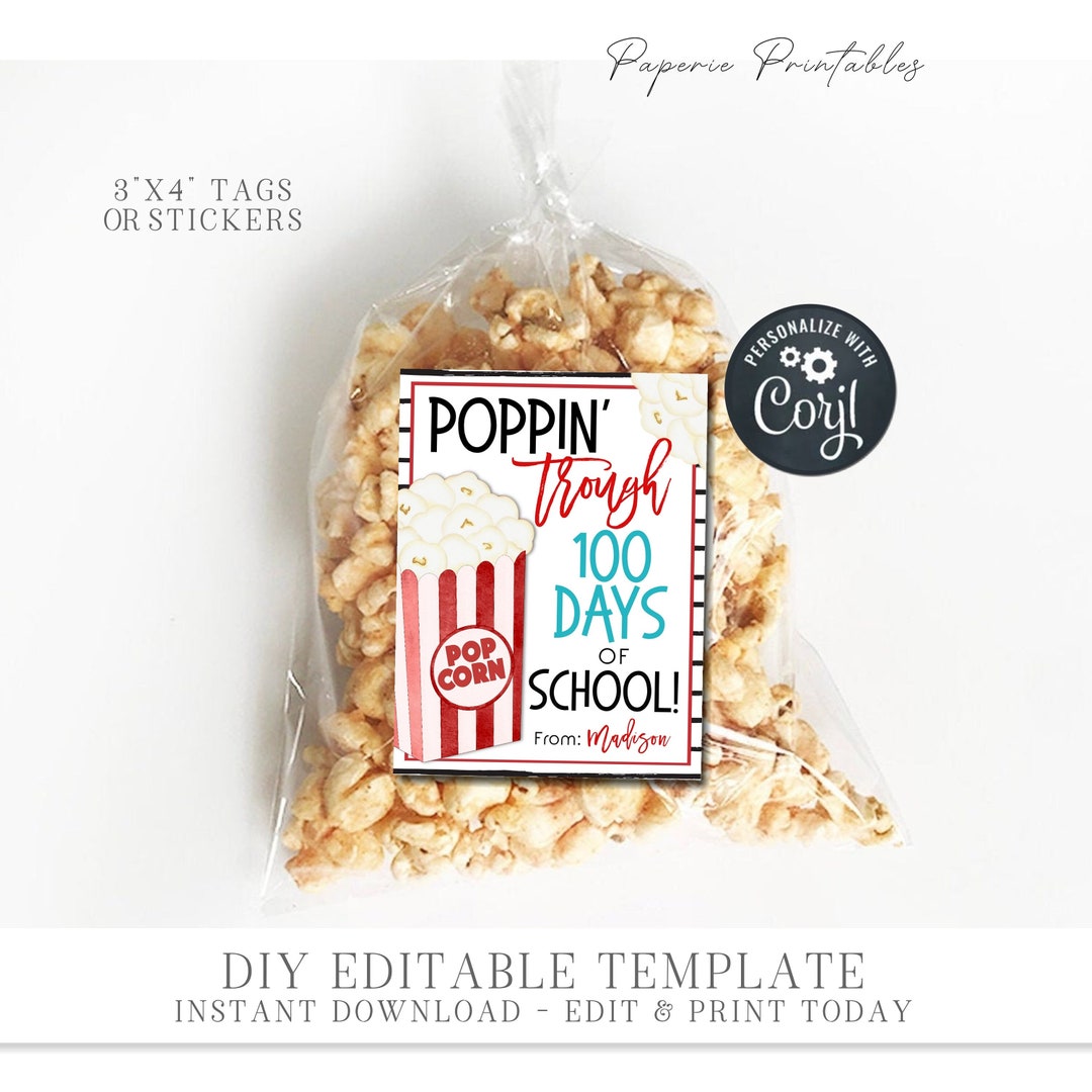 Poppin' Through 100 Days of School Gift Tag: Editable Popcorn Design ...