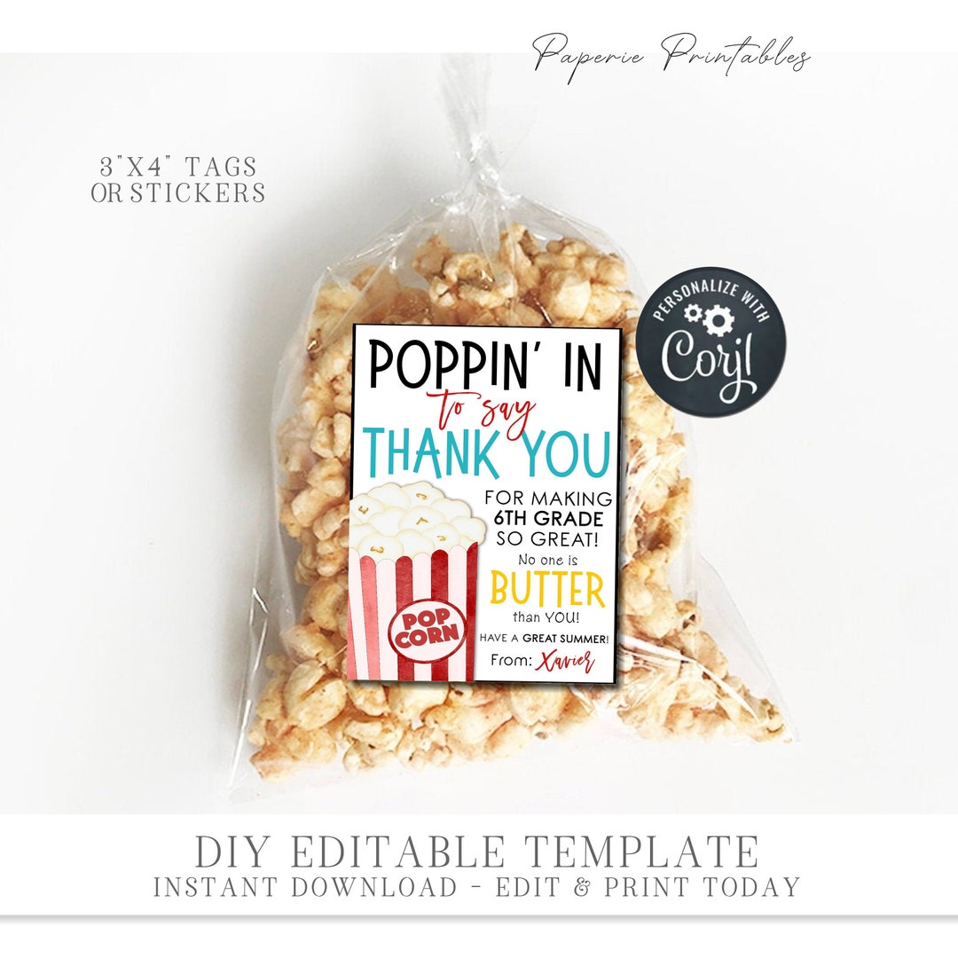 EDITABLE Popcorn Teacher Gift Tag, Teacher End of School Tag, Thank You ...