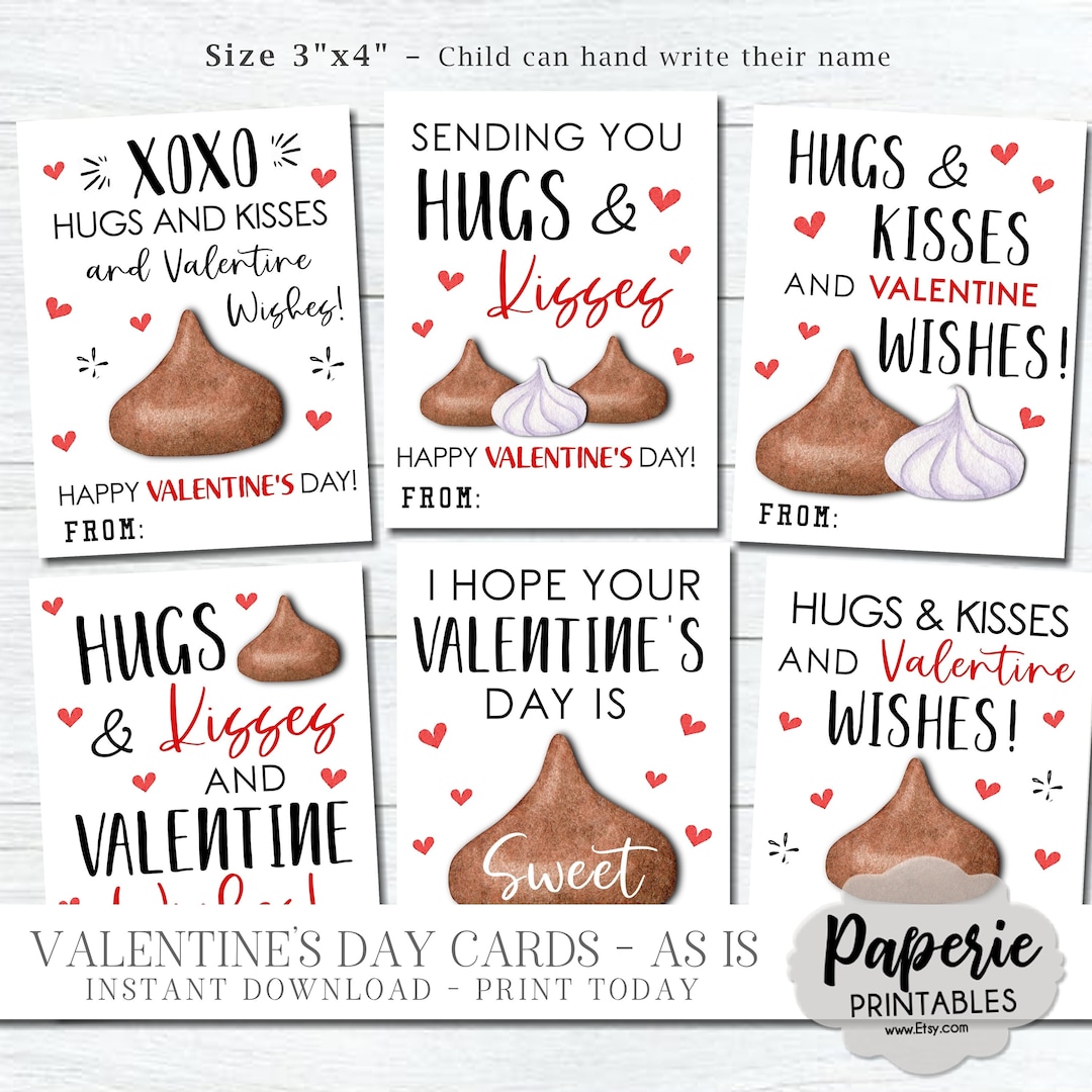 Kids Valentine Cards: Hugs & Kisses Printable (digital Download) - Etsy