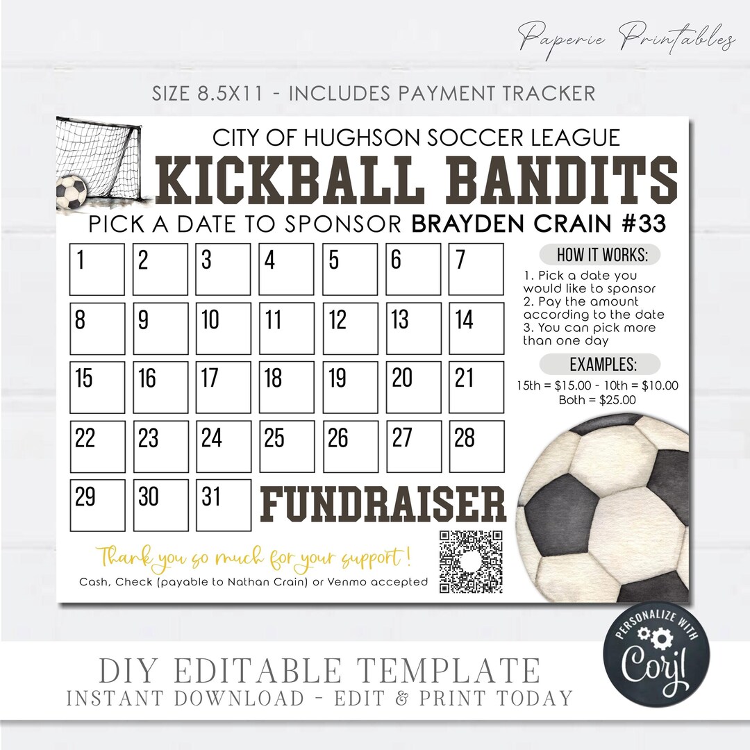 Editable Soccer Fundraising Calendar Template (DIY Digital Download ...