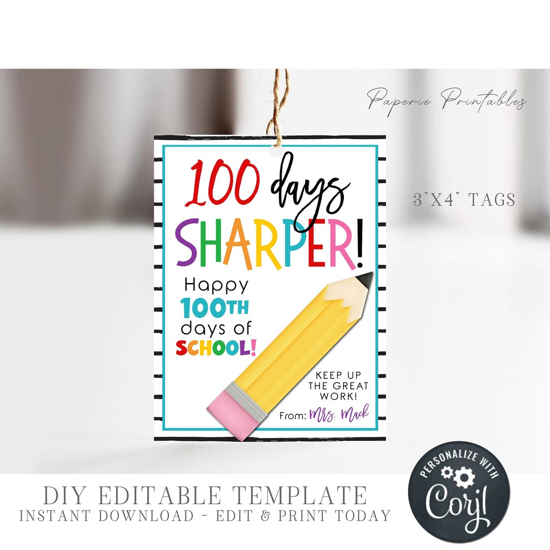 EDITABLE 100 Days SHARPER School Gift Card, 100 Days of School Gift Tag ...
