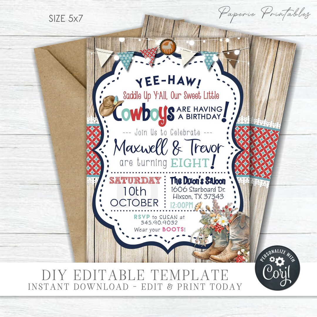 EDITABLE Twin Cowboy Birthday Invitation, Western Birthday Template ...