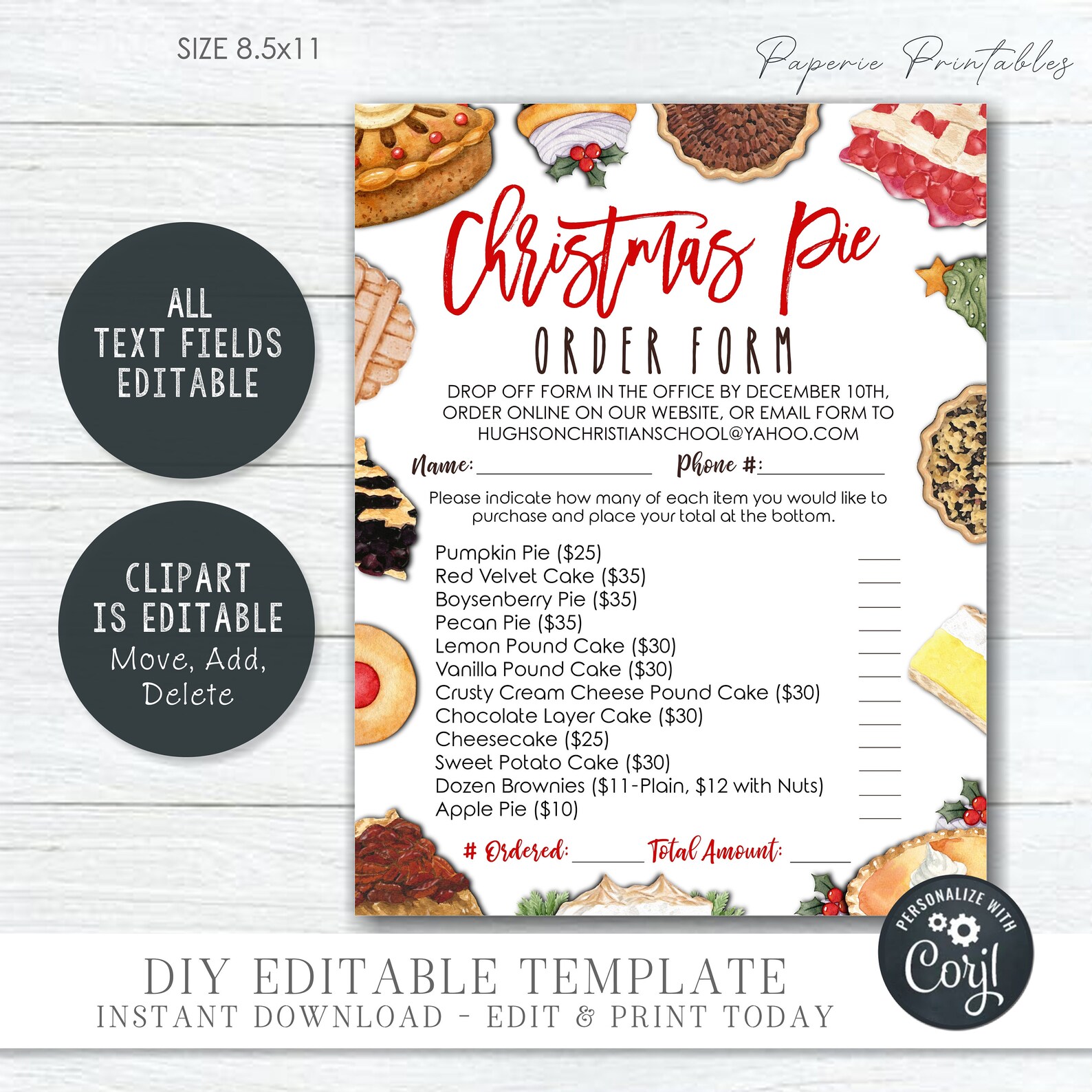 EDITABLE Christmas Pie Sale Order Form Christmas Bake Sale - Etsy