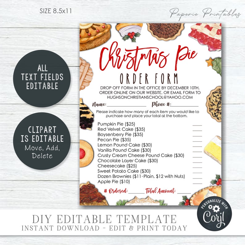 EDITABLE Christmas Pie Sale Order Form Christmas Bake Sale - Etsy
